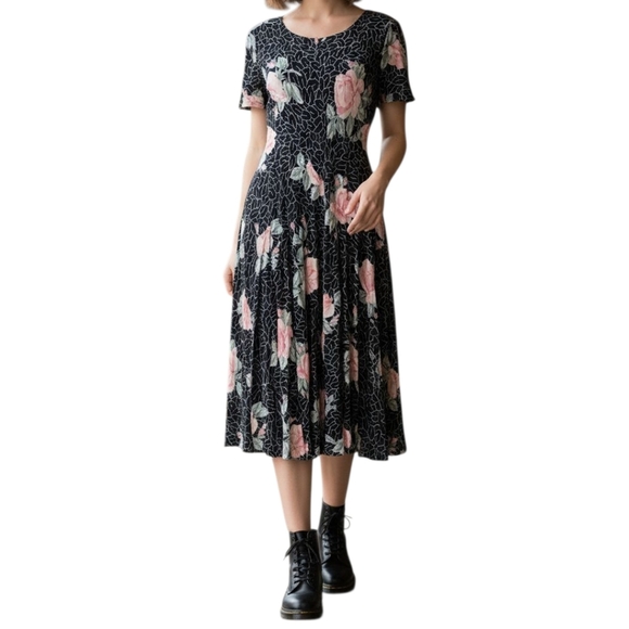 Starina | Dresses | Vintage Starina Black Pink Rose Floral Midi Dress ...